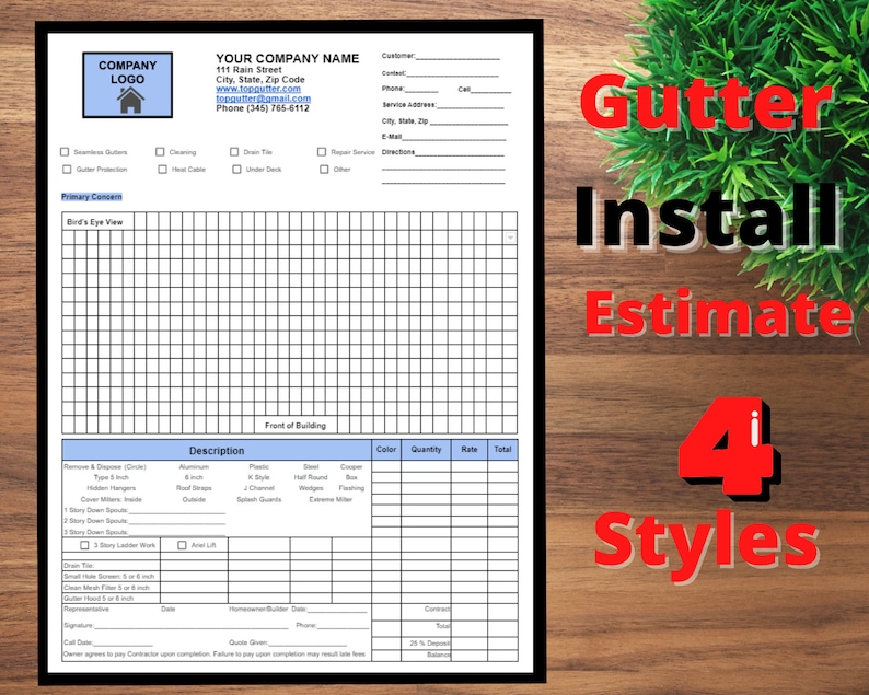Rain Gutter Installation Company Estimate, Invoice Work Order ...