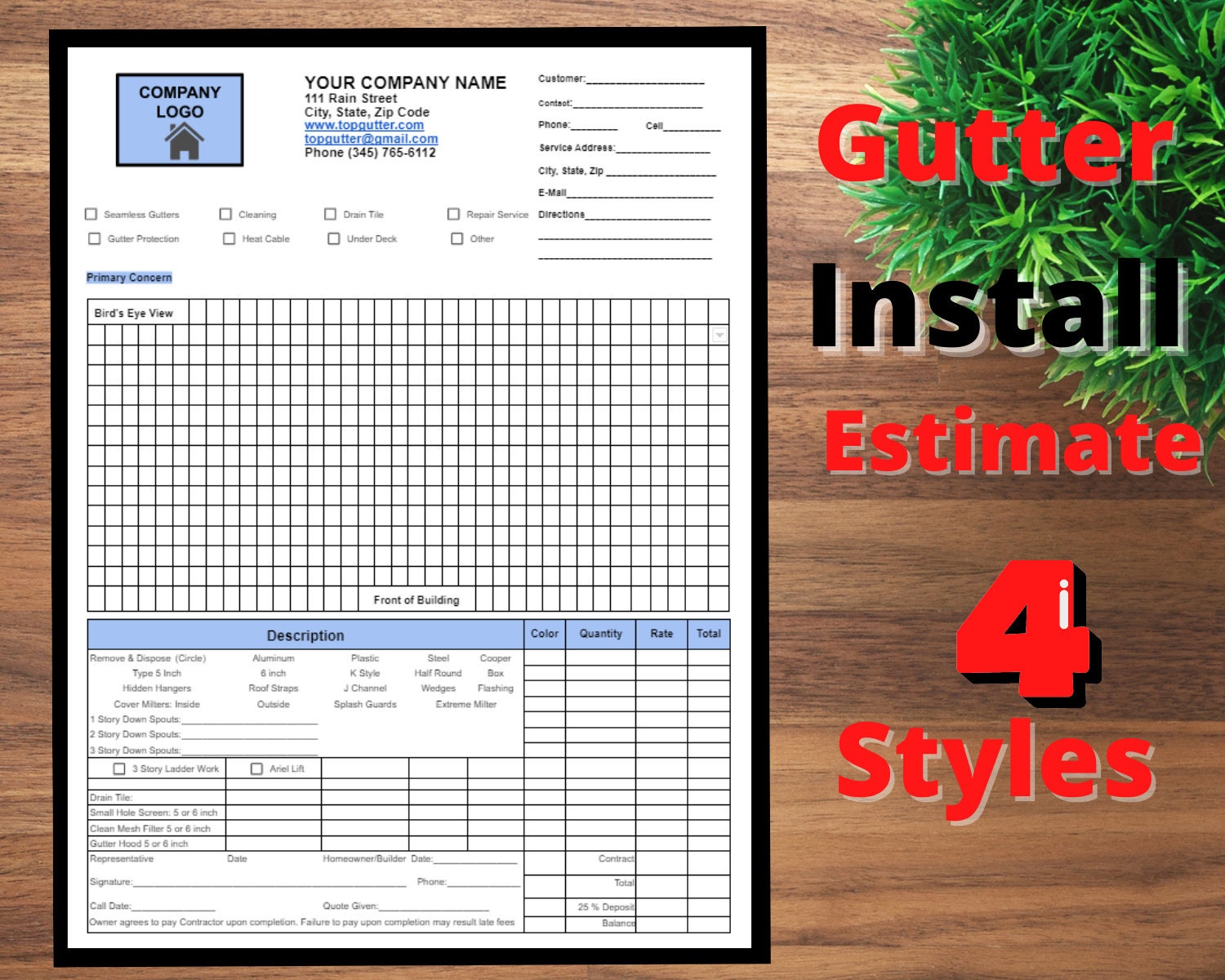 Rain Gutter Installation Company Estimate, Invoice Work Order ...
