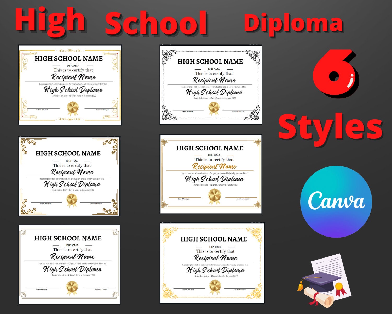 High School Diploma Template, Editable High School Diploma, HS Diploma ...