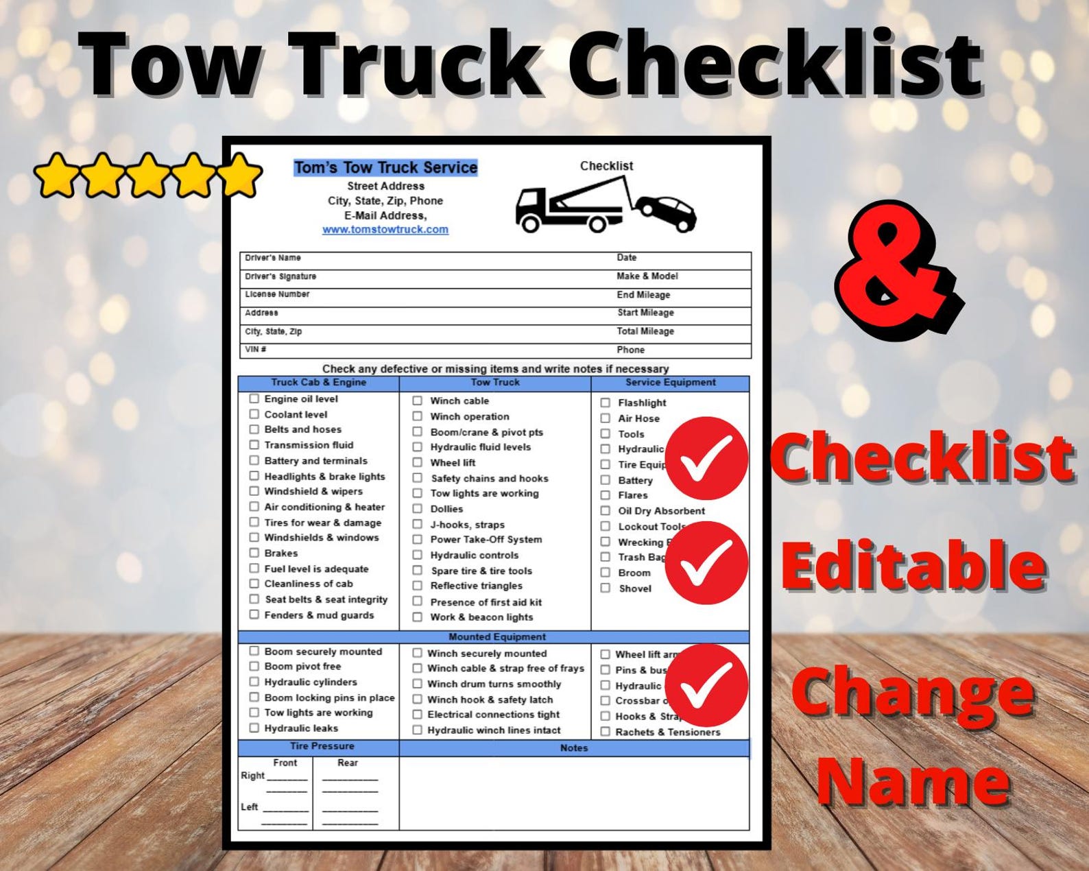 Tow Truck Checklist, Equipment List and Wrecker Towing Receipts ...
