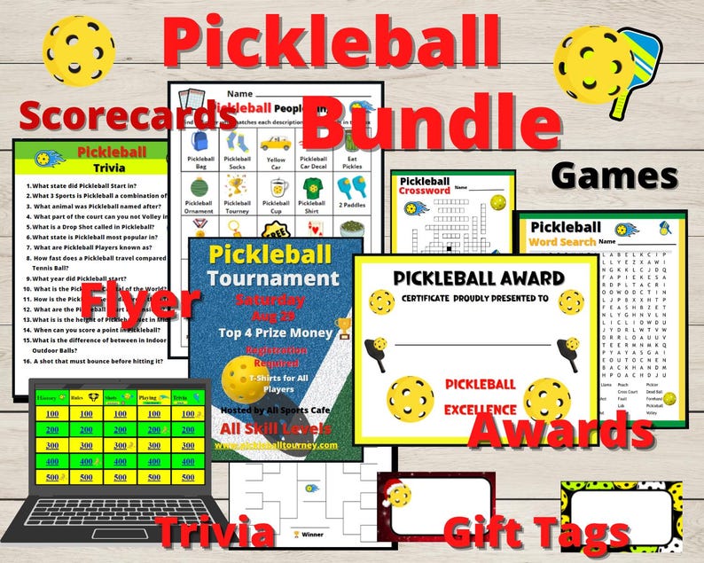 Pickleball Tournament Flyer, Awards, Certificates, Gift Tags, Games ...