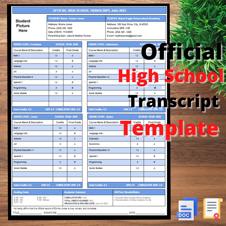 High School Transcript Editable Fillable Template, Homeschool ...