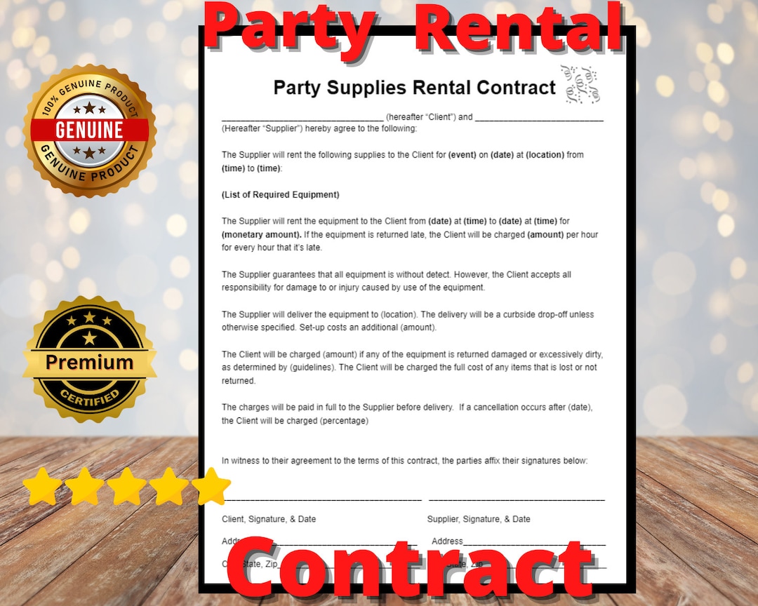 Party Supply Rental Contract, Party Supply Contract, Agreement, Simple ...