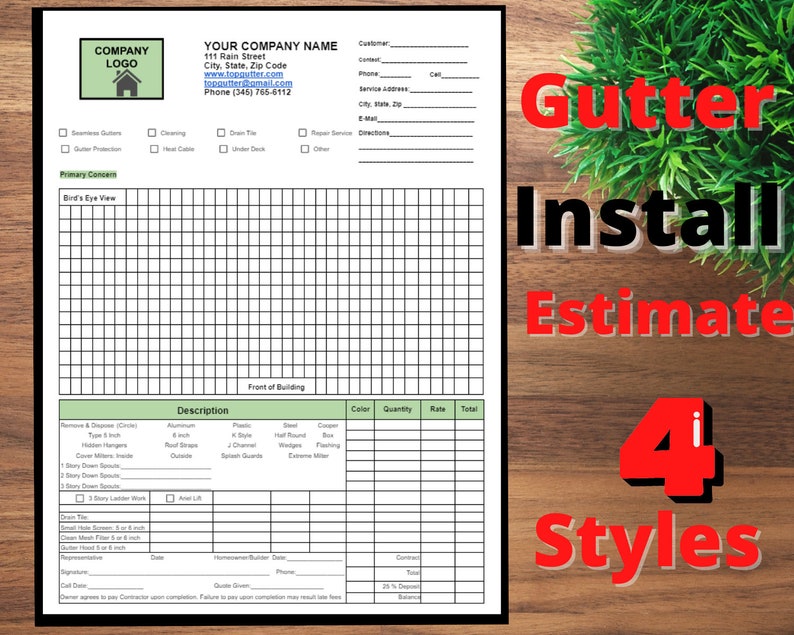 Rain Gutter Installation Company Estimate, Invoice Work Order, Printable, Editable Estimate Word ...