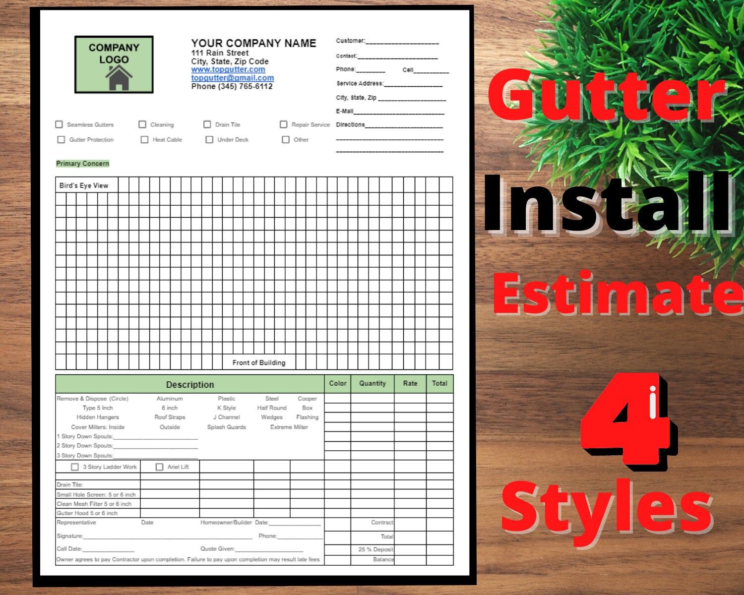 Rain Gutter Installation Company Estimate, Invoice Work Order ...