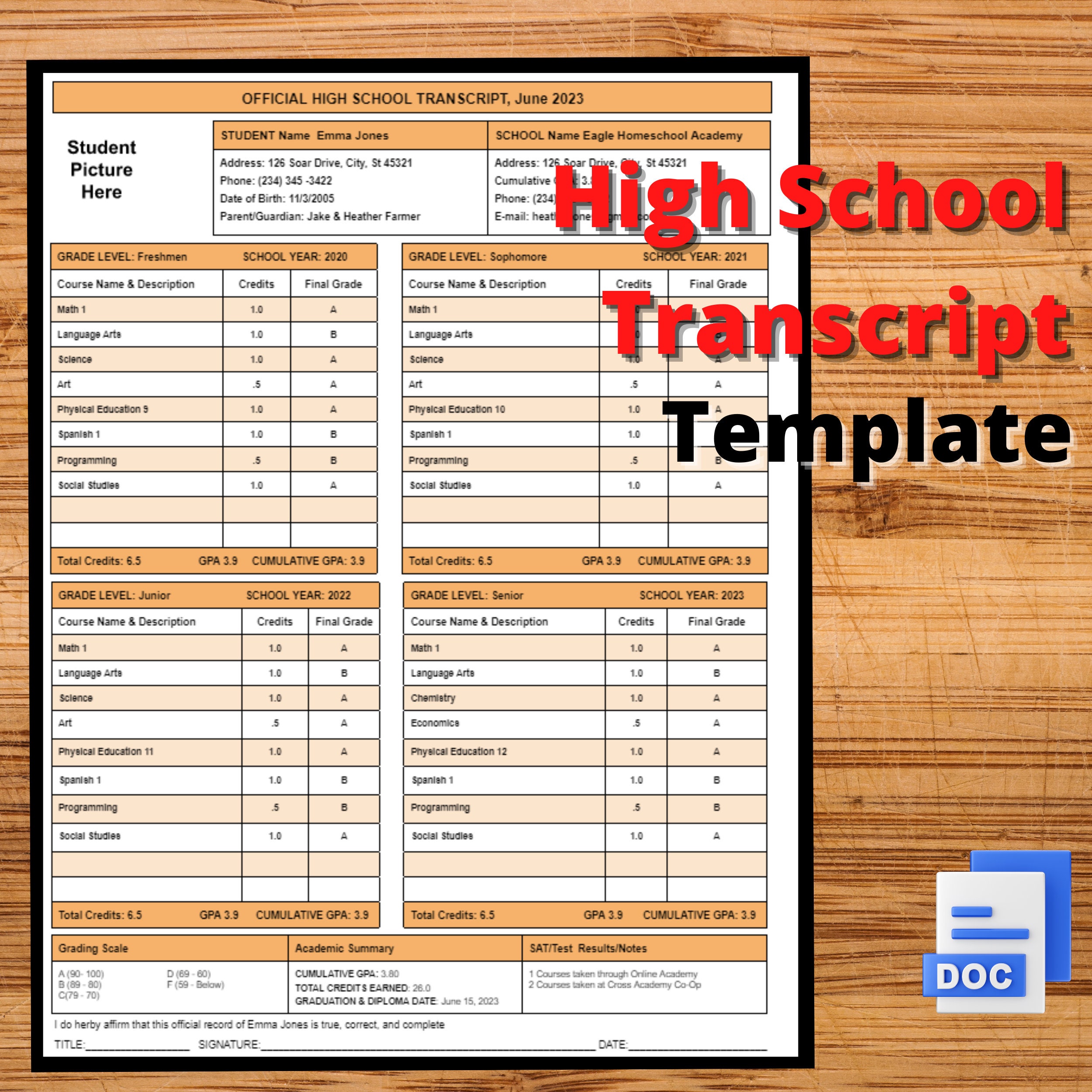 High School Transcript Editable Fillable Template, Homeschool Transcript Template, Printable ...