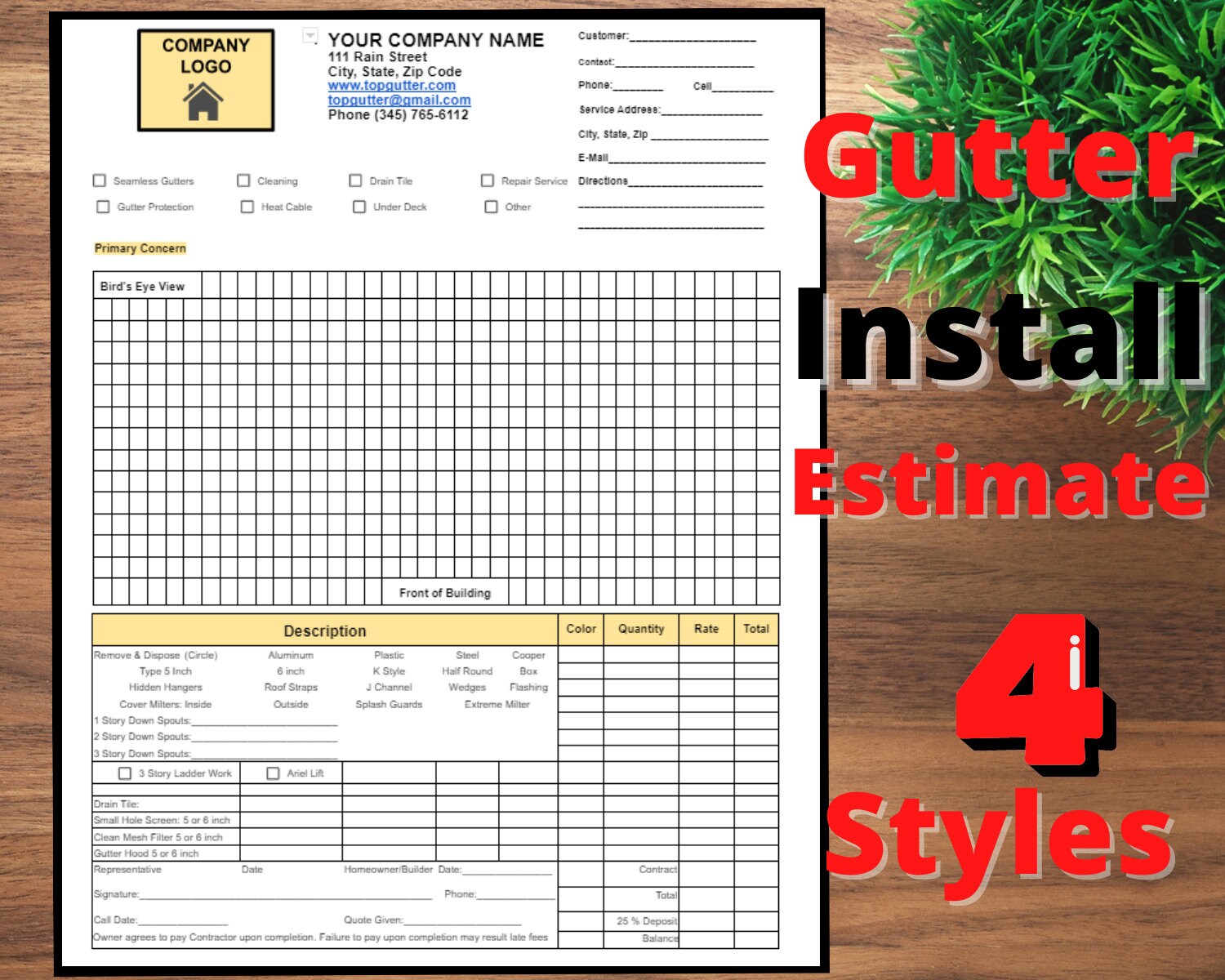 Rain Gutter Installation Company Estimate, Invoice Work Order ...