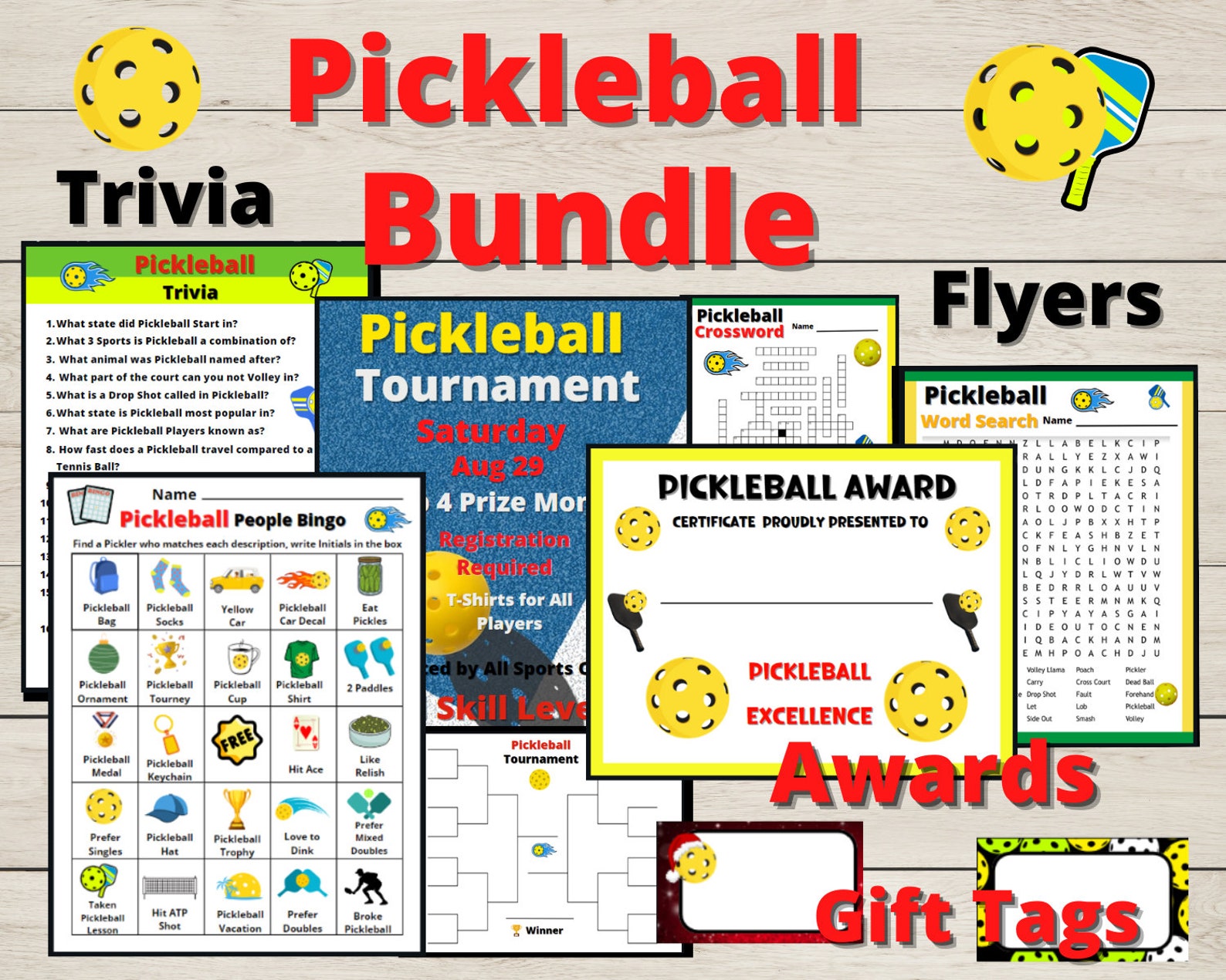 Pickleball Tournament Flyer, Awards, Certificates, Gift Tags, Games ...