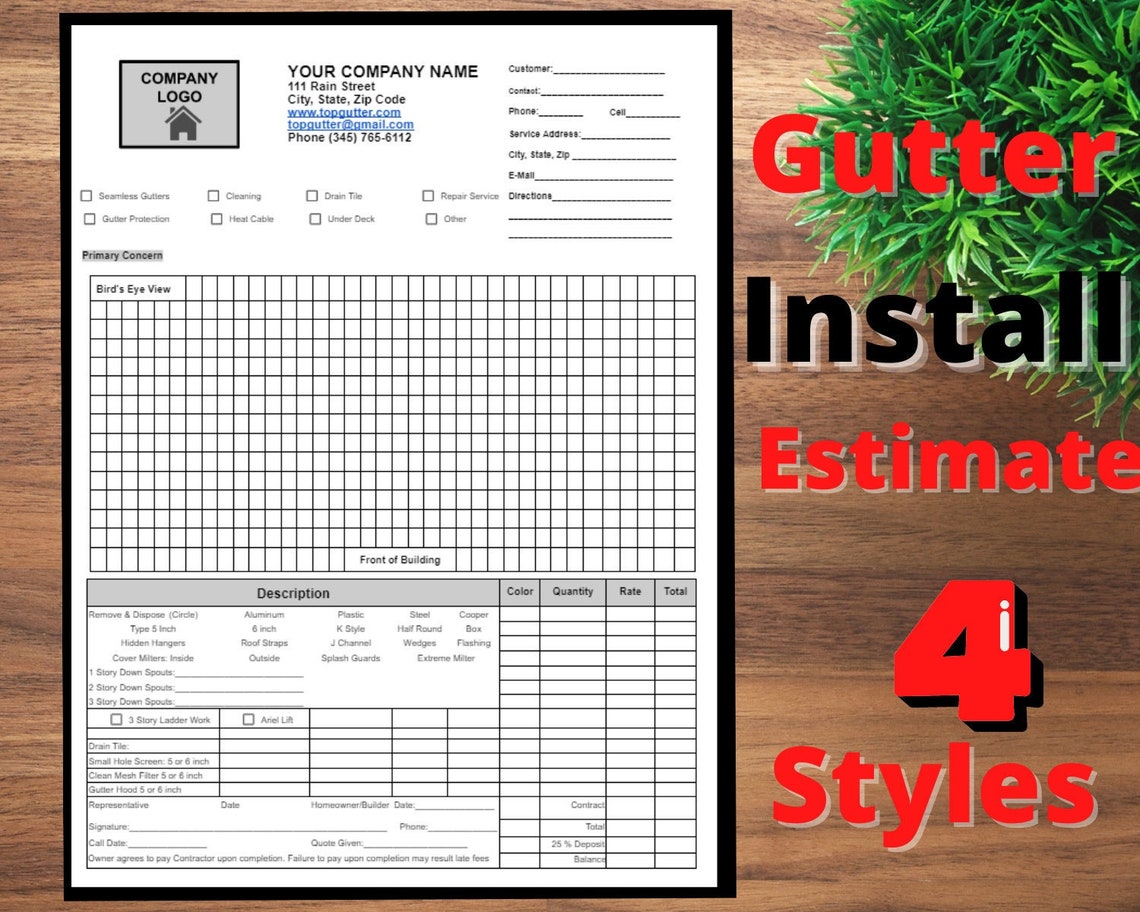 Rain Gutter Installation Company Estimate, Invoice Work Order ...