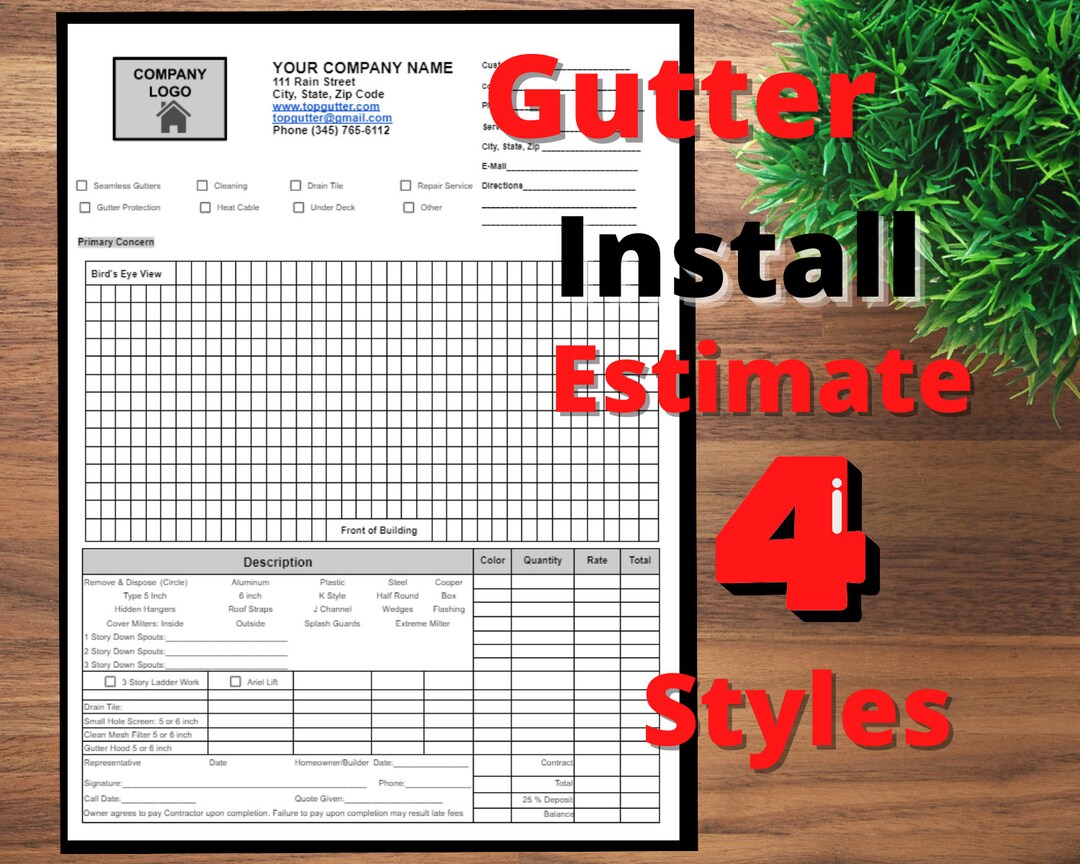 Rain Gutter Installation Company Estimate, Invoice Work Order ...