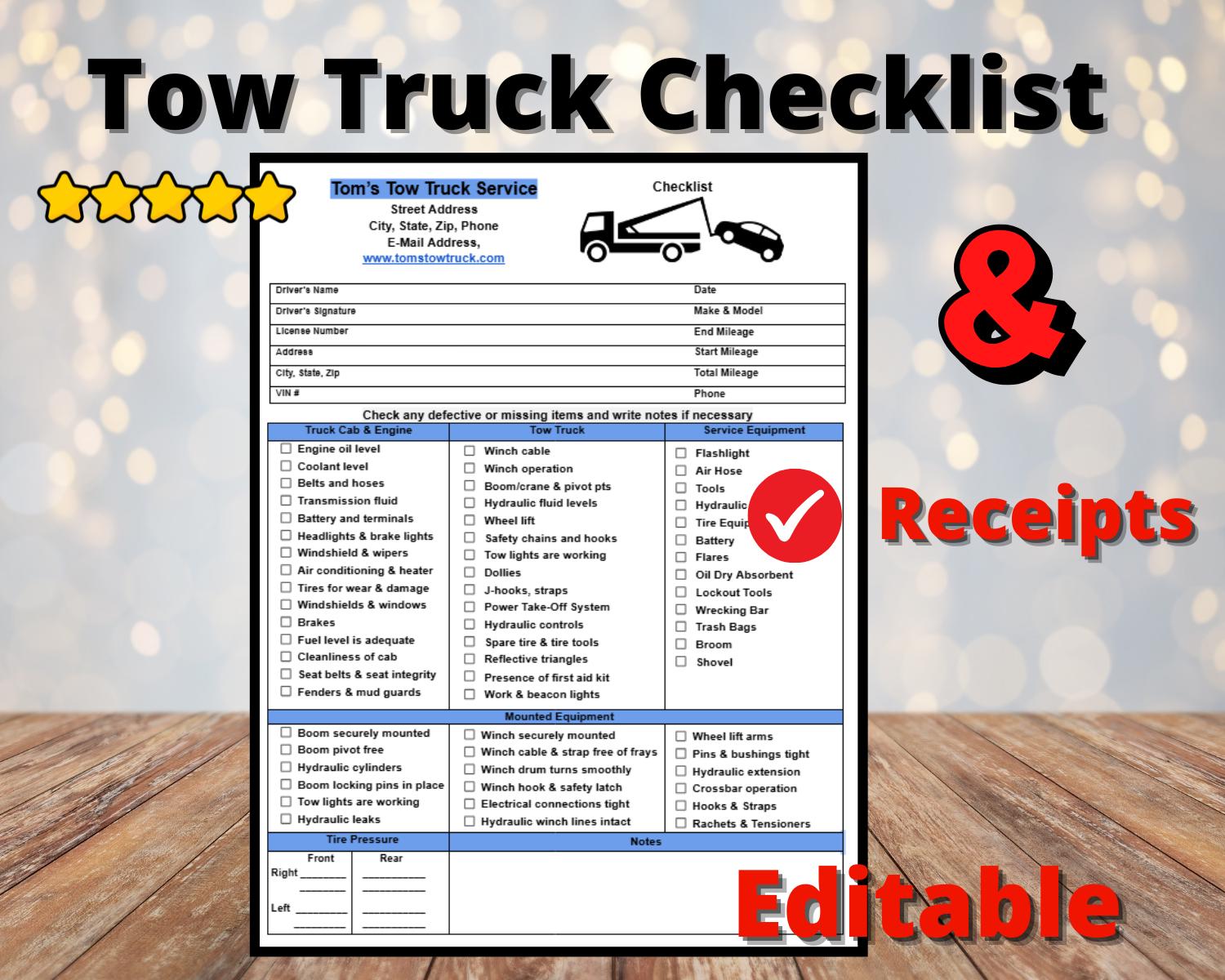 Tow Truck Checklist, Equipment List and Wrecker Towing Receipts ...