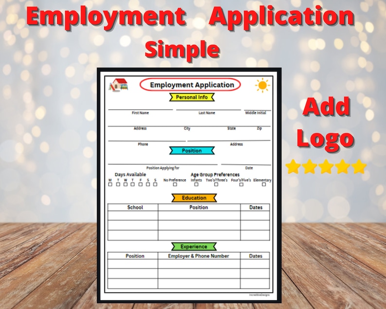 Daycare Employee Application, Childcare Printable Employee Form ...