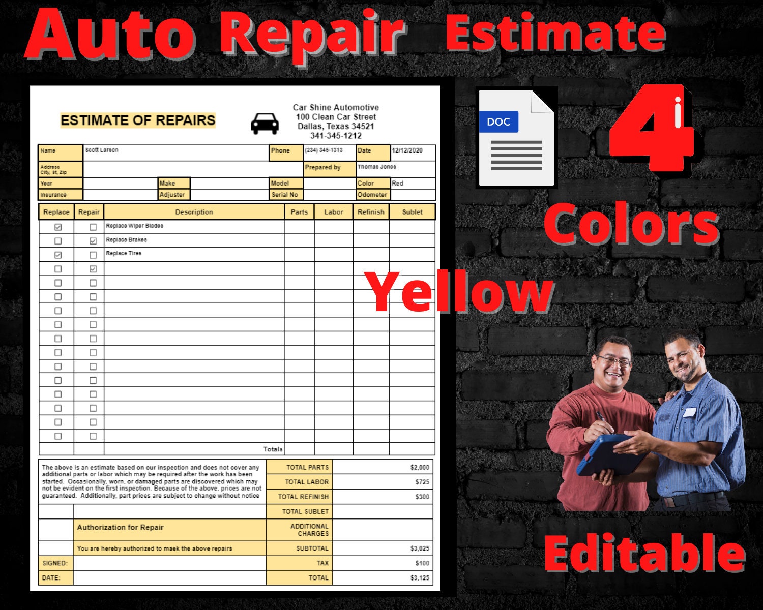 Auto Repair Estimate Template: Editable Mechanic Invoice Digital ...