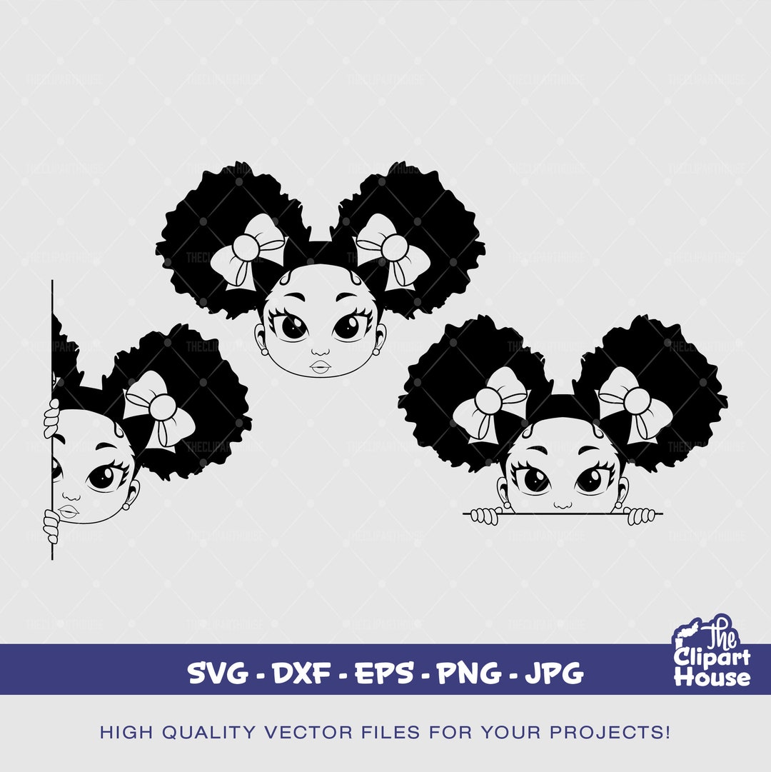 Peekaboo Double Afro Puff Girl Outline Set, African American Svg, Black ...