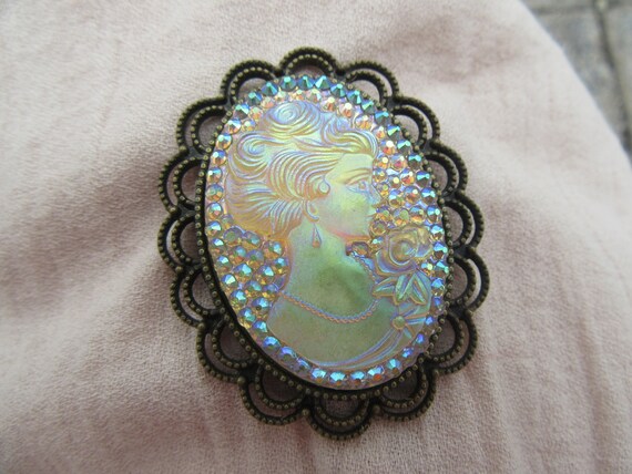 Victorian Revival Plastic Cameo Brooch, Unusual Trans… - Gem