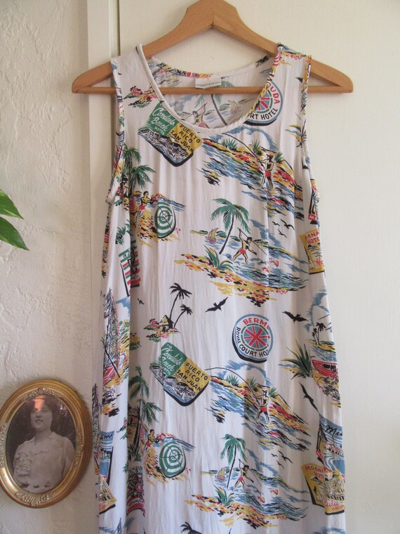 1990s Rayon Travel Themed Maxi Dress, Vintage Karen K… - Gem
