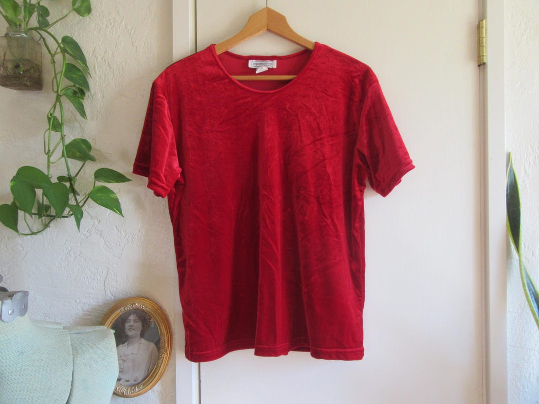 1990s Cherry Red Velvet Short Sleeved Shirt, Vintage Red Velvet Shirt ...