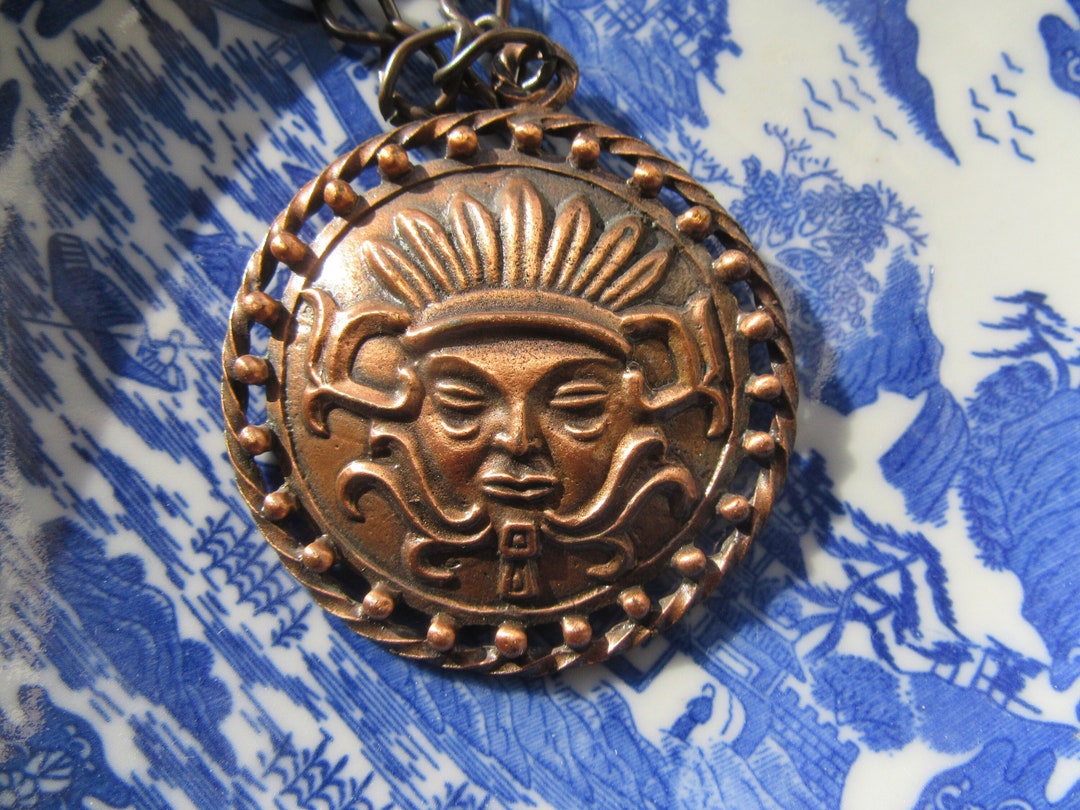 1970s Copper Aztec Style Face Medallion Pendant Necklace, Copper ...