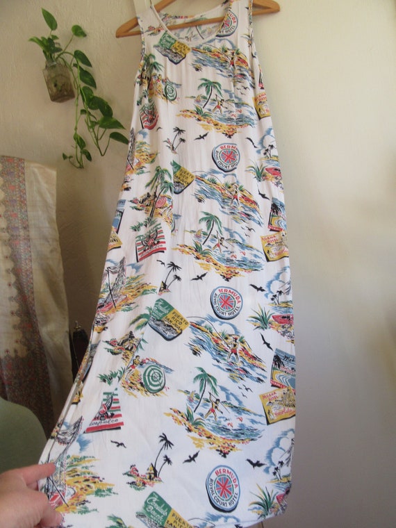 1990s Rayon Travel Themed Maxi Dress, Vintage Karen K… - Gem