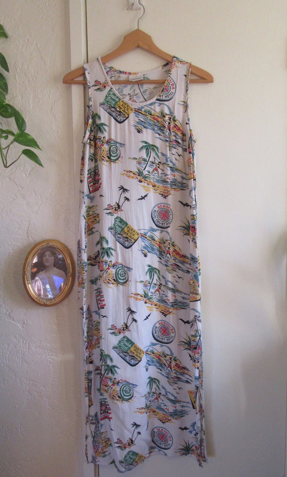 1990s Rayon Travel Themed Maxi Dress, Vintage Karen K… - Gem