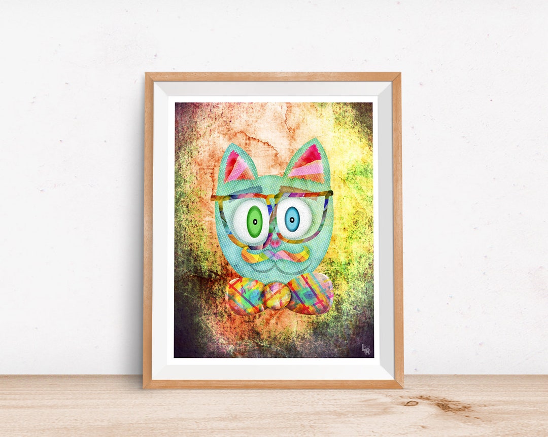 Funky Cat Art Intellecat, Fine Art Print Digital Cat Illustration ...