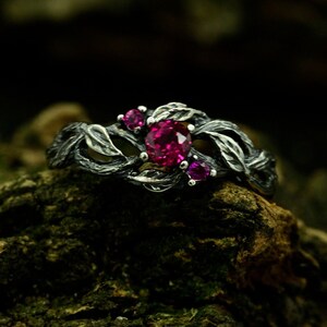 Unique Ruby Branch and Leaves Wedding Ring, Dainty Leafy Twig Ring, Unusual Forest Engagement ...