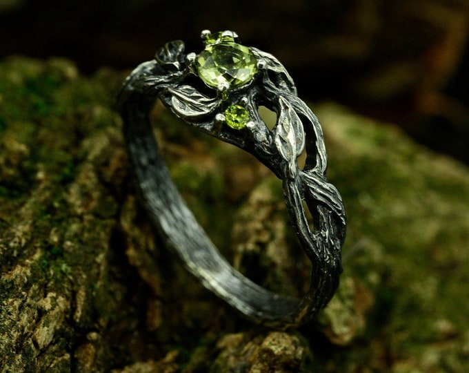 Enchant Forest Wedding Band With Olive Branch and Leaf for Woman, Silver Green Nature Fantasy ...