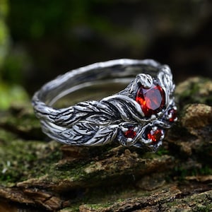Whimsical Fairy Engagement Ring Set With Nature Theme, Cottagecore Wedding Set With Birthstone ...