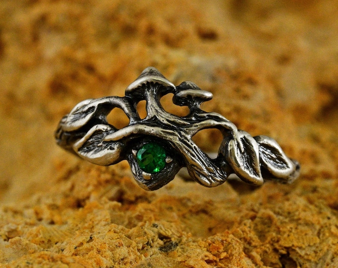 Silver Engagement Ring With Branches, Emeralds, and Mushrooms, Nature ...