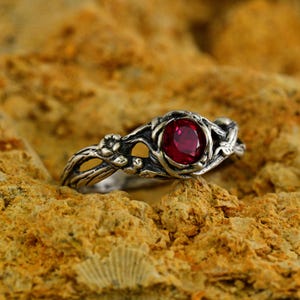 Fairy Pink Floral Engagement Ring With Ruby and Leafy Twist Tree Branch ...