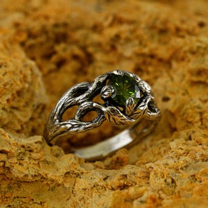 Peridot Elven Branch Wedding Ring Women, Unique Engagement Ring Nature ...