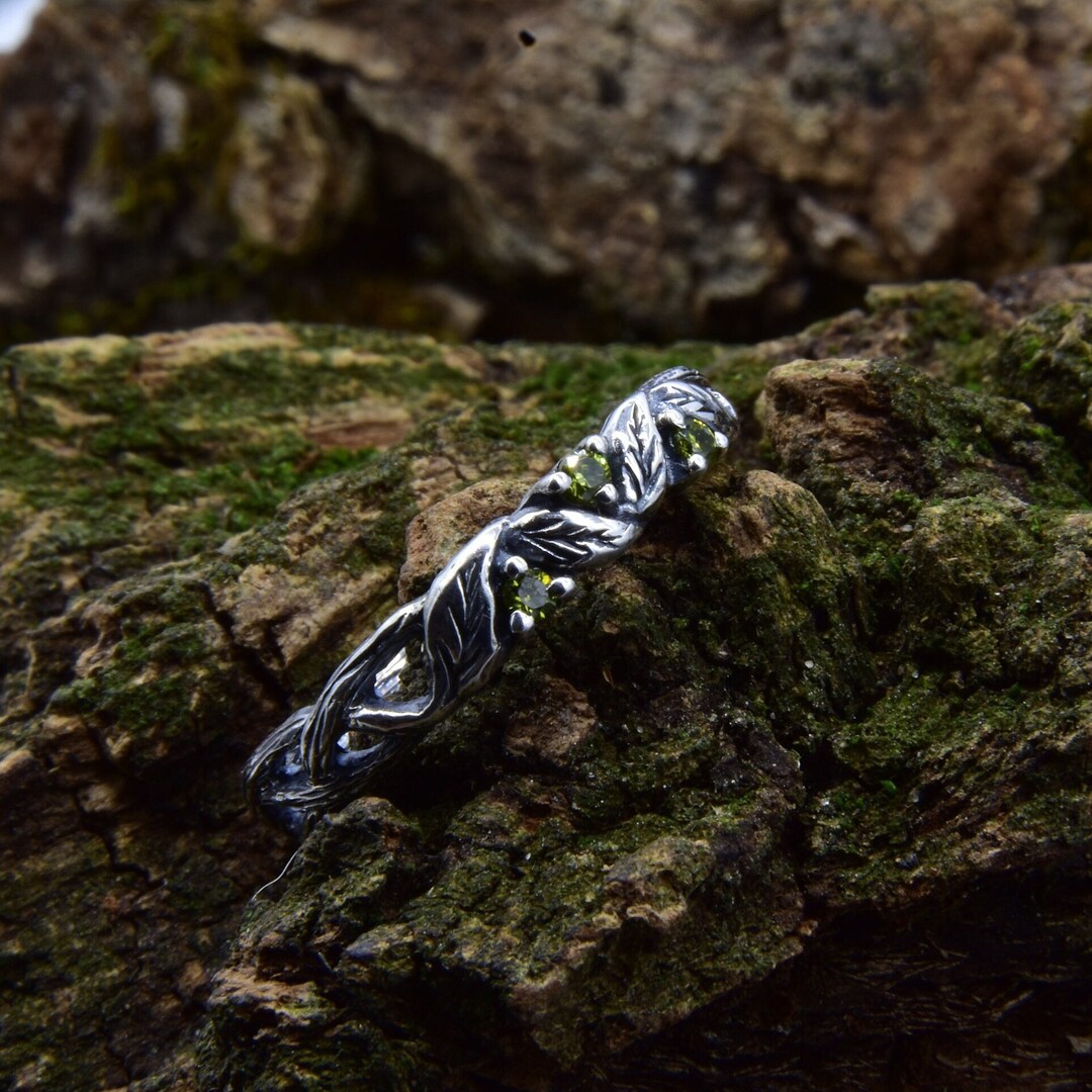 Witchy Braid Tree Wedding Band With Silver Branch and Leaves, Unique ...