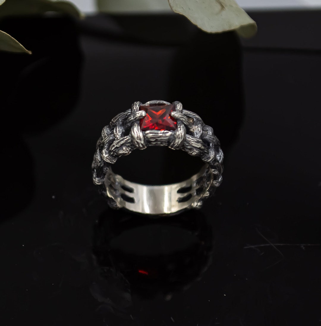 Mens Vintage Style Tree Band, Unique Tree Silver Wedding Garnet, Men's ...