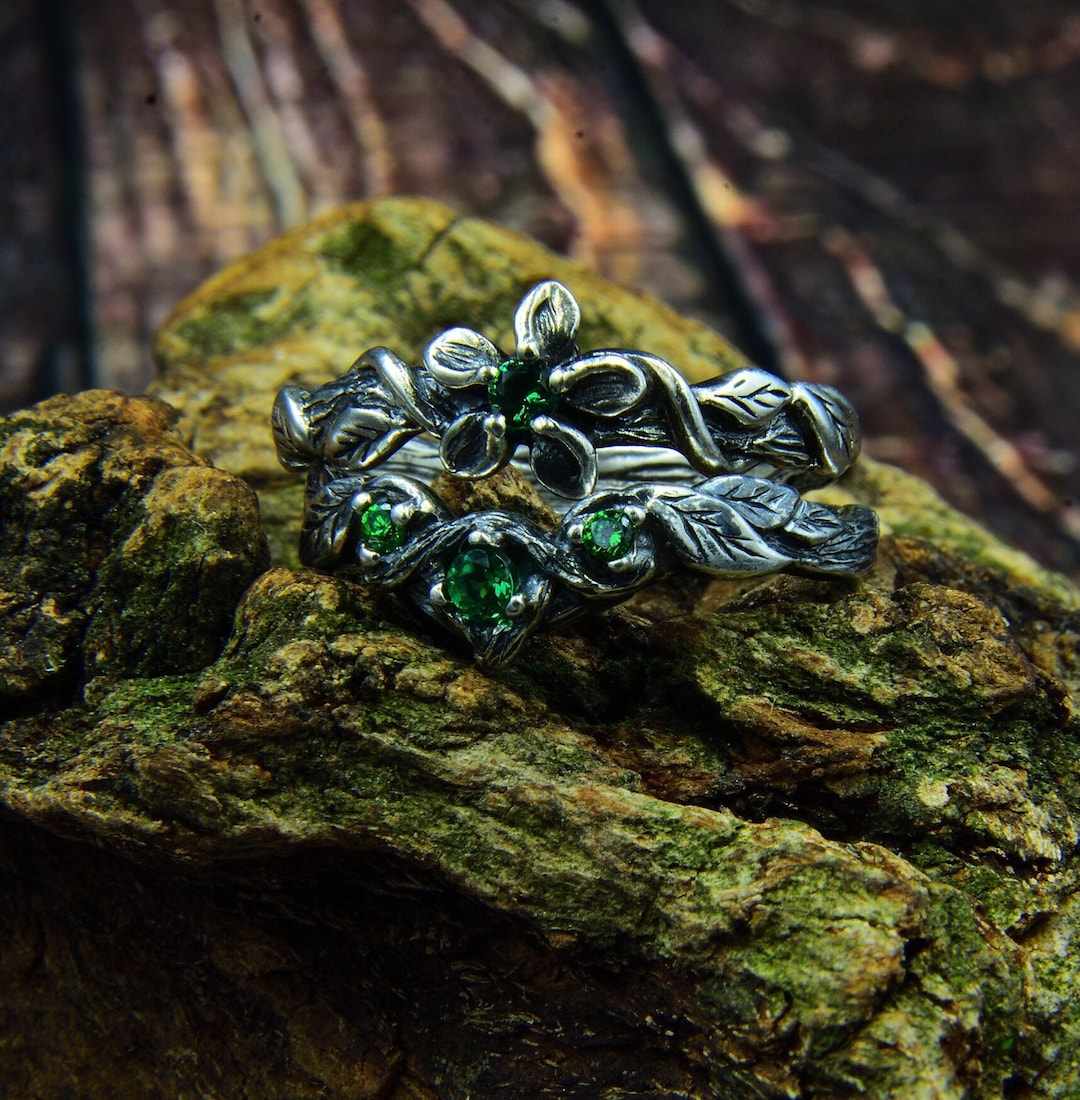 Ethereal Fairy Witchy Elven Bridal Set, Whimsical Floral Ring Set ...