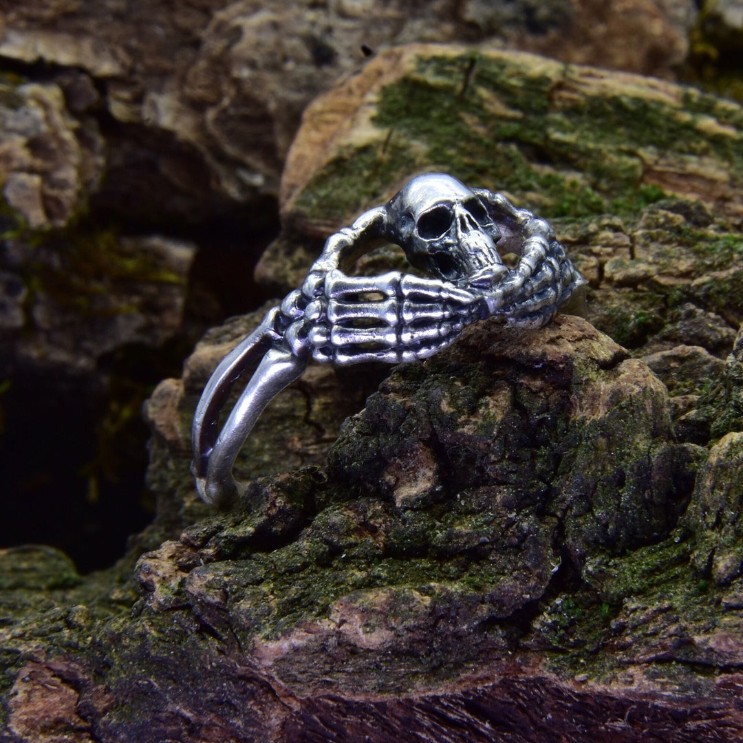 Skull Signet Ring With Silver Skeleton Hand Witchy Engagement - Etsy
