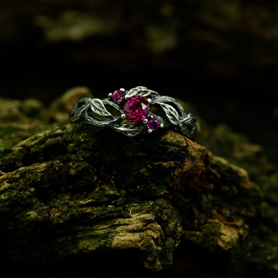 Unique Ruby Branch and Leaves Wedding Ring, Dainty Leafy Twig Ring, Unusual Forest Engagement ...