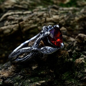 Elvish Garnet Heart Engagement Ring, Unique Fairy Floral Wedding Ring ...