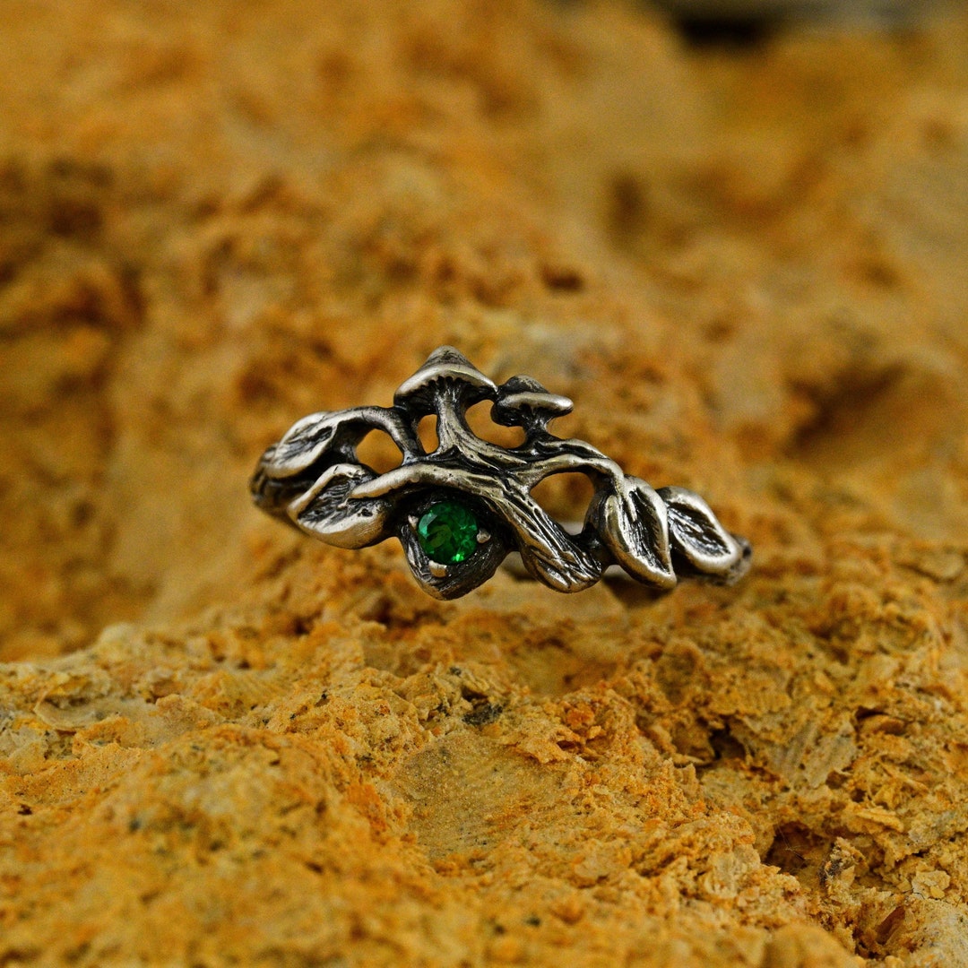 Silver Engagement Ring With Branches, Emeralds, and Mushrooms, Nature ...