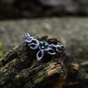 Emerald Elven Branch Wedding Ring Women, Unique Engagement Ring Nature Inspired, Silver Branch ...
