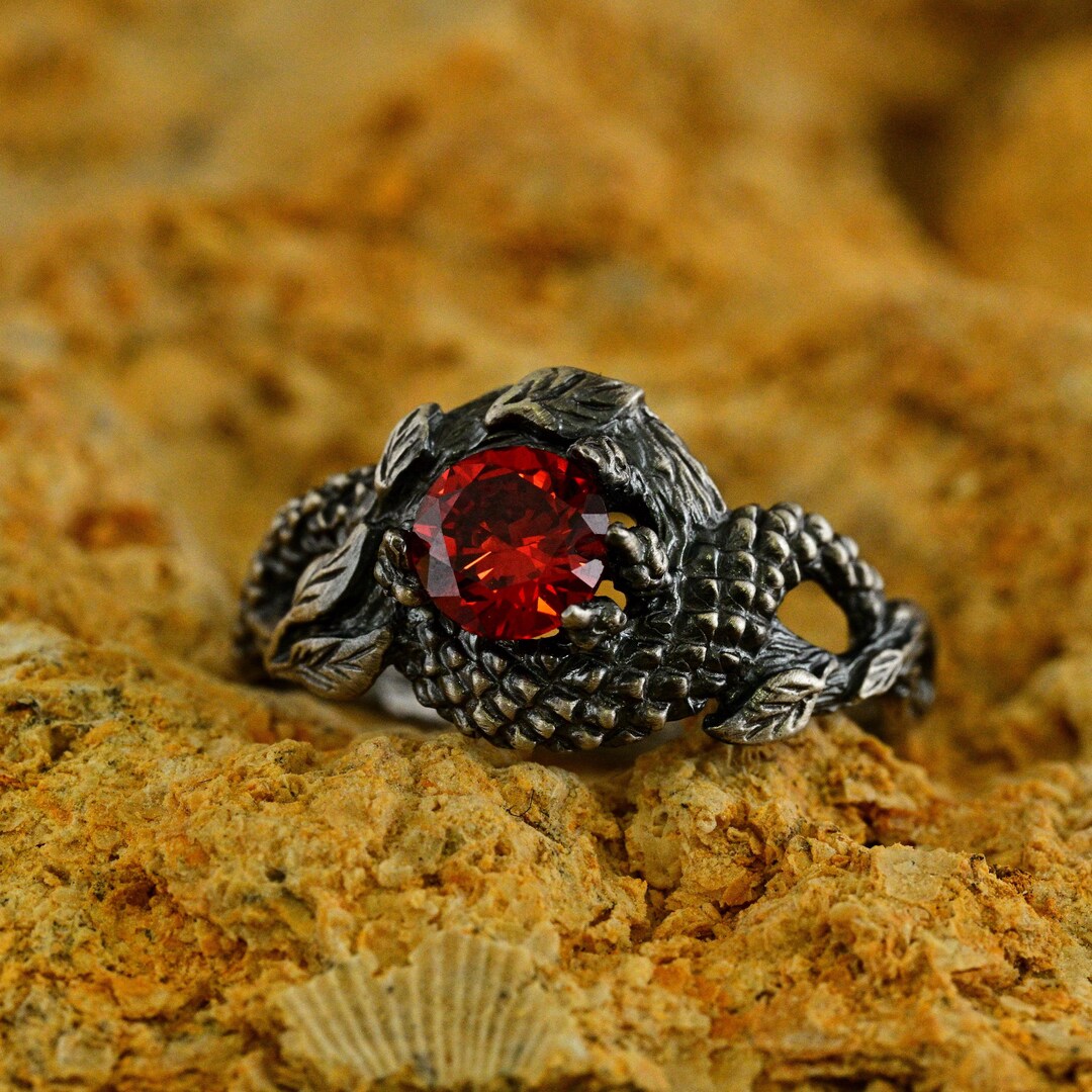 Celtic Garnet Dragon Claw Ring Men, Fantasy Forest Wedding Ring ...