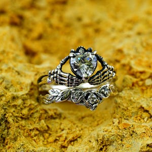 Gothic Wedding Ring Set With Sapphire, Fantasy Forest Wedding Ring Set ...