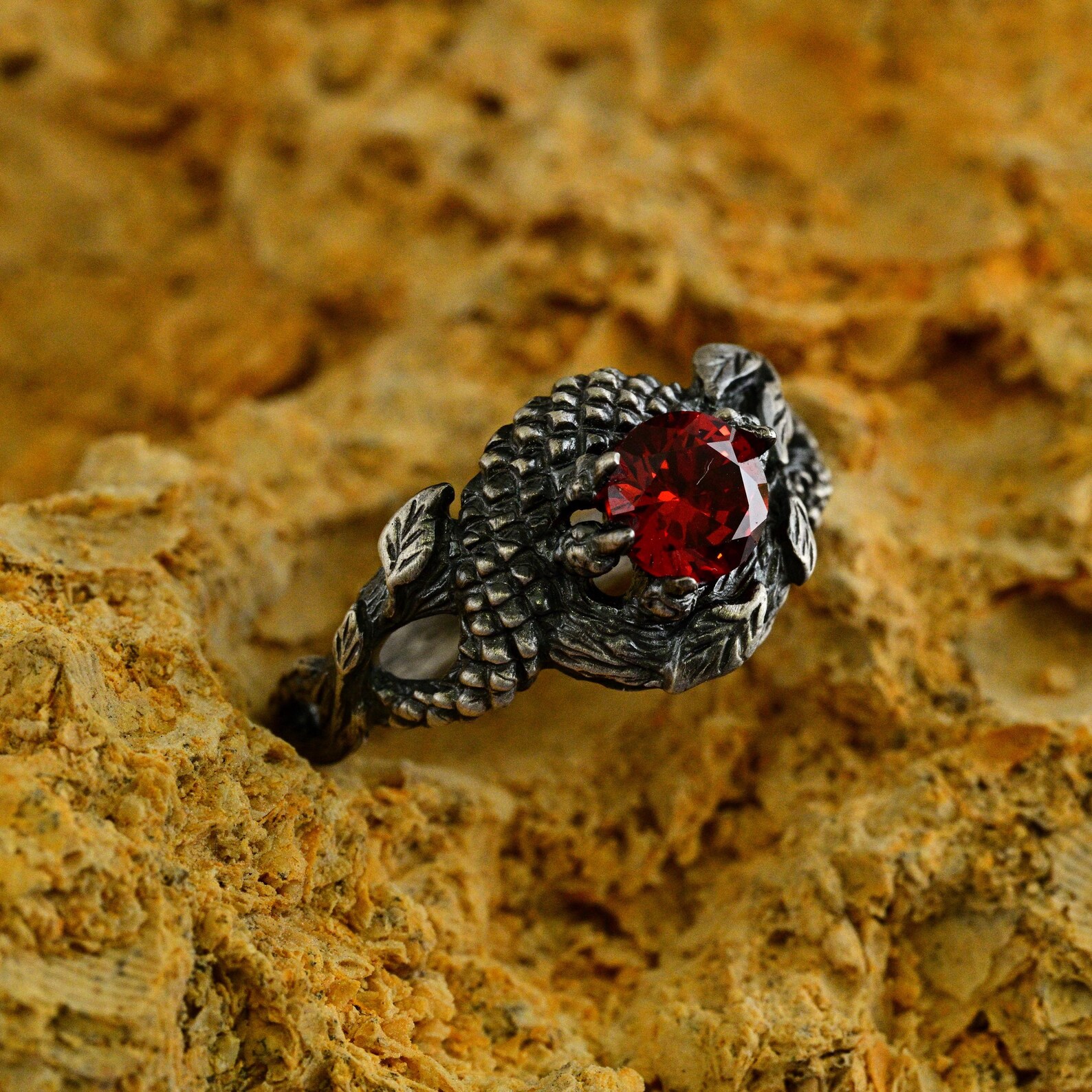 Celtic Garnet Dragon Claw Ring Men, Fantasy Forest Wedding Ring ...