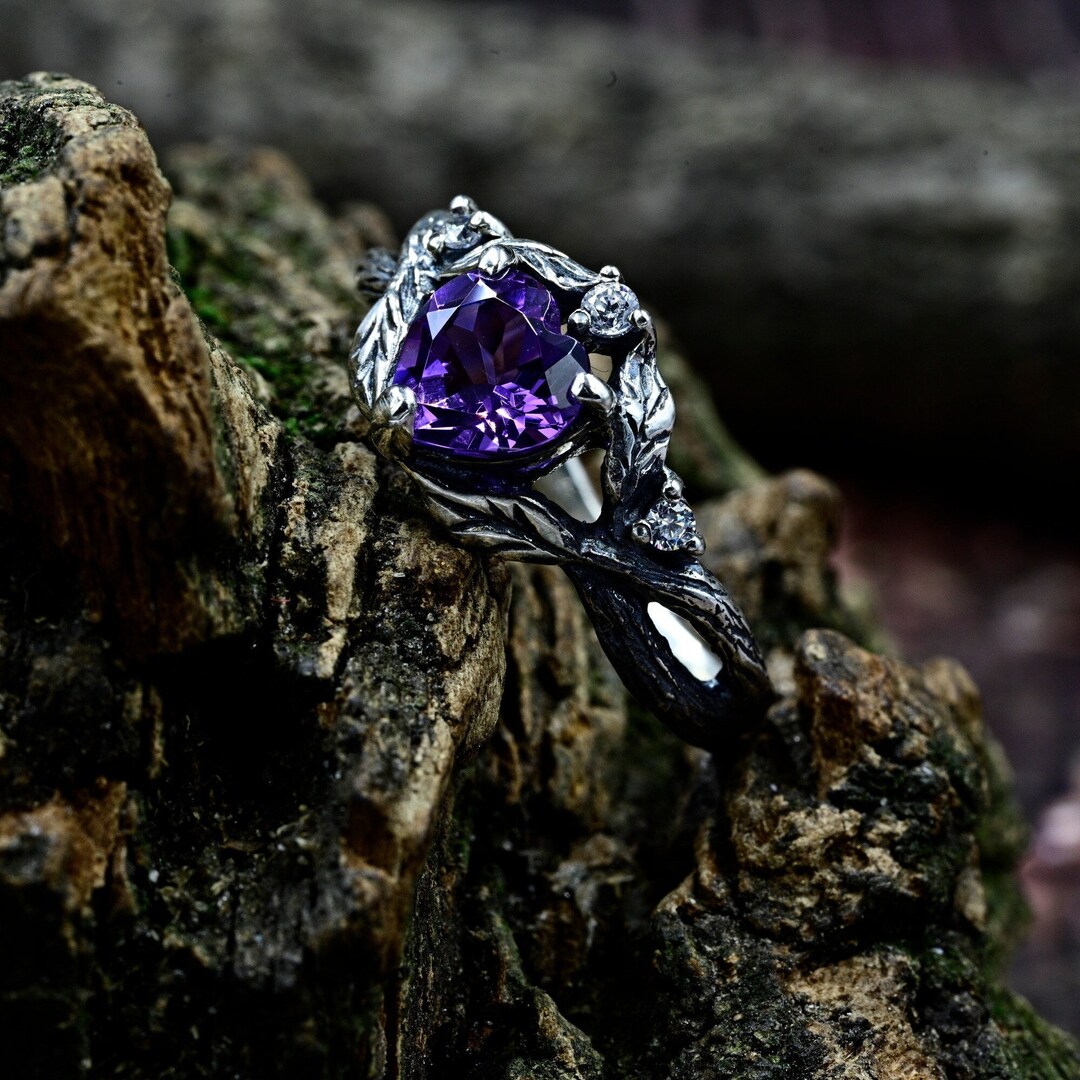 Amethyst Forest Wedding Ring With Tree, Woodland Ethereal Engagement ...