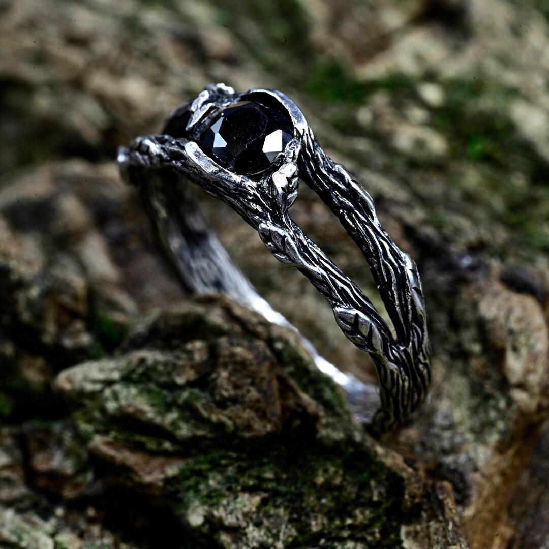 Unique Witchy Tree Bark Wedding Band With Leaf Pattern in Silver ...