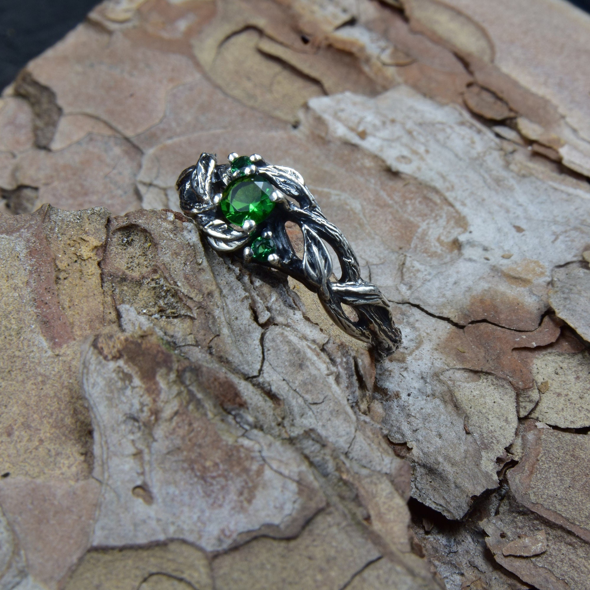 Silver Celtic Vine Engagement Ring With Emerald Twig Branch - Etsy