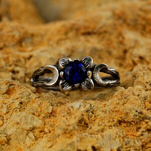 Triple Moon Phase Ring With Celestial Blue Sapphire Flower, Fantasy ...