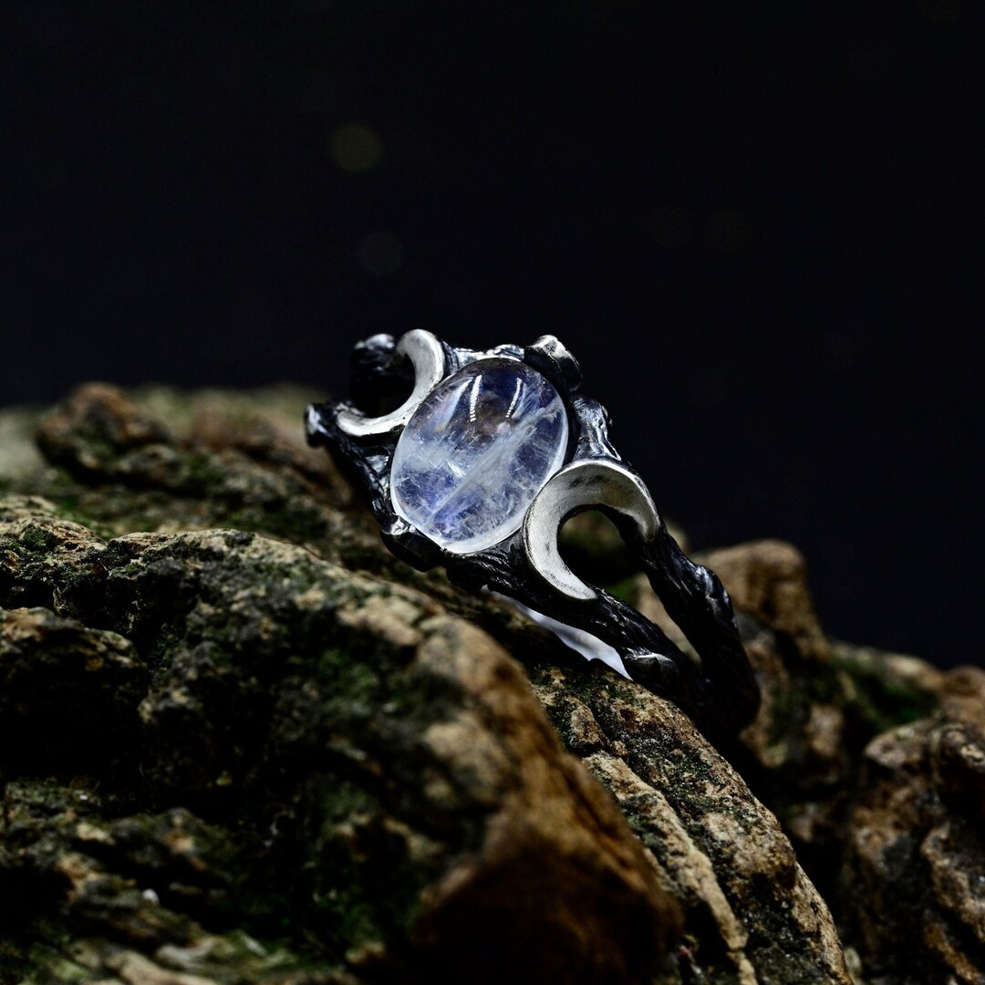 Moonstone Witchy Goddess Ring, Forest Tree Bark Promise Ring, Dark ...
