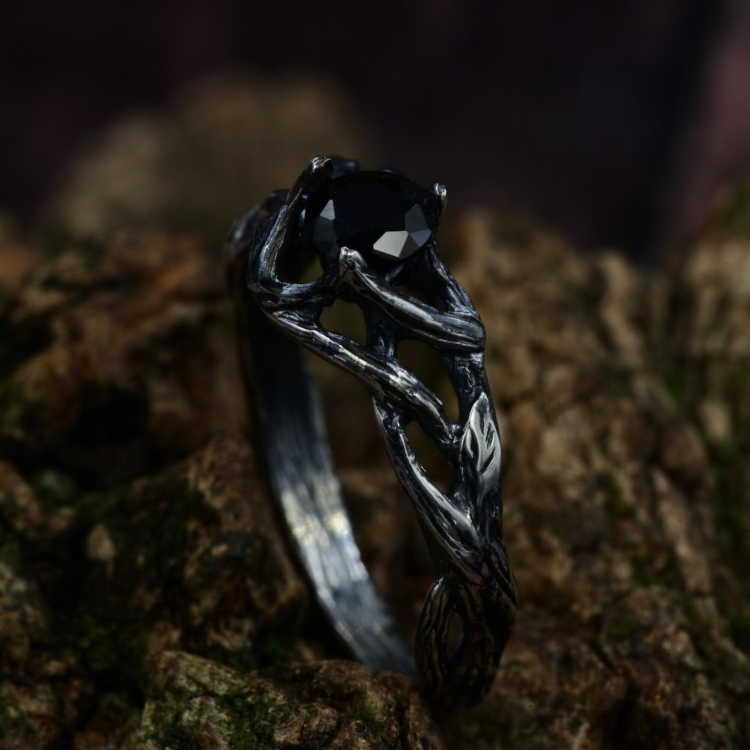 Nature Inspired Unique Black Engagement Ring, Fantasy Witchy Promise ...