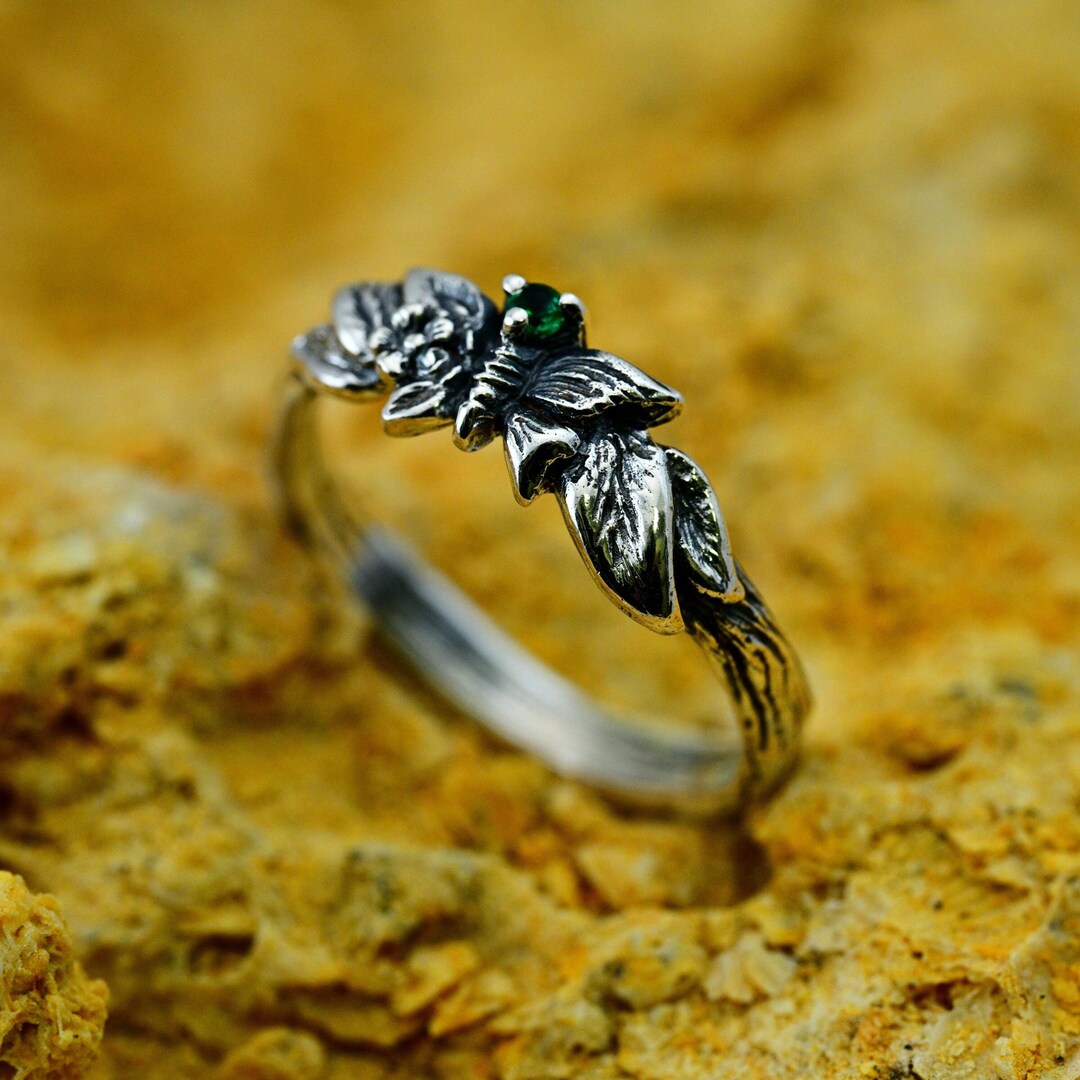 Moth Engagement Ring With Emerald, Nature Inspired Twig Ring With ...