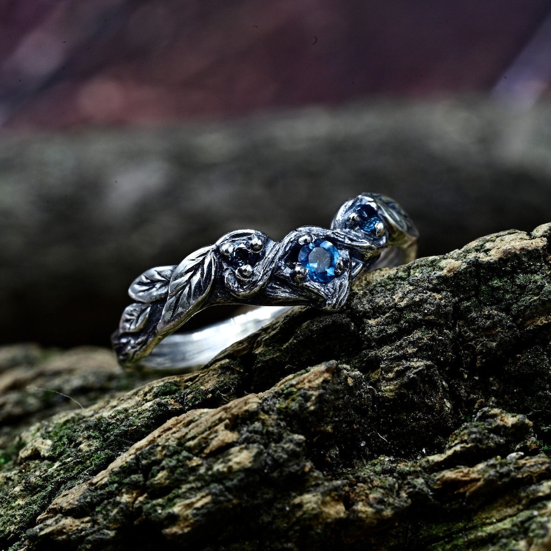 Elven Fairy Wedding Ring With Branch and Leaf, Forest Aquamarine Floral ...